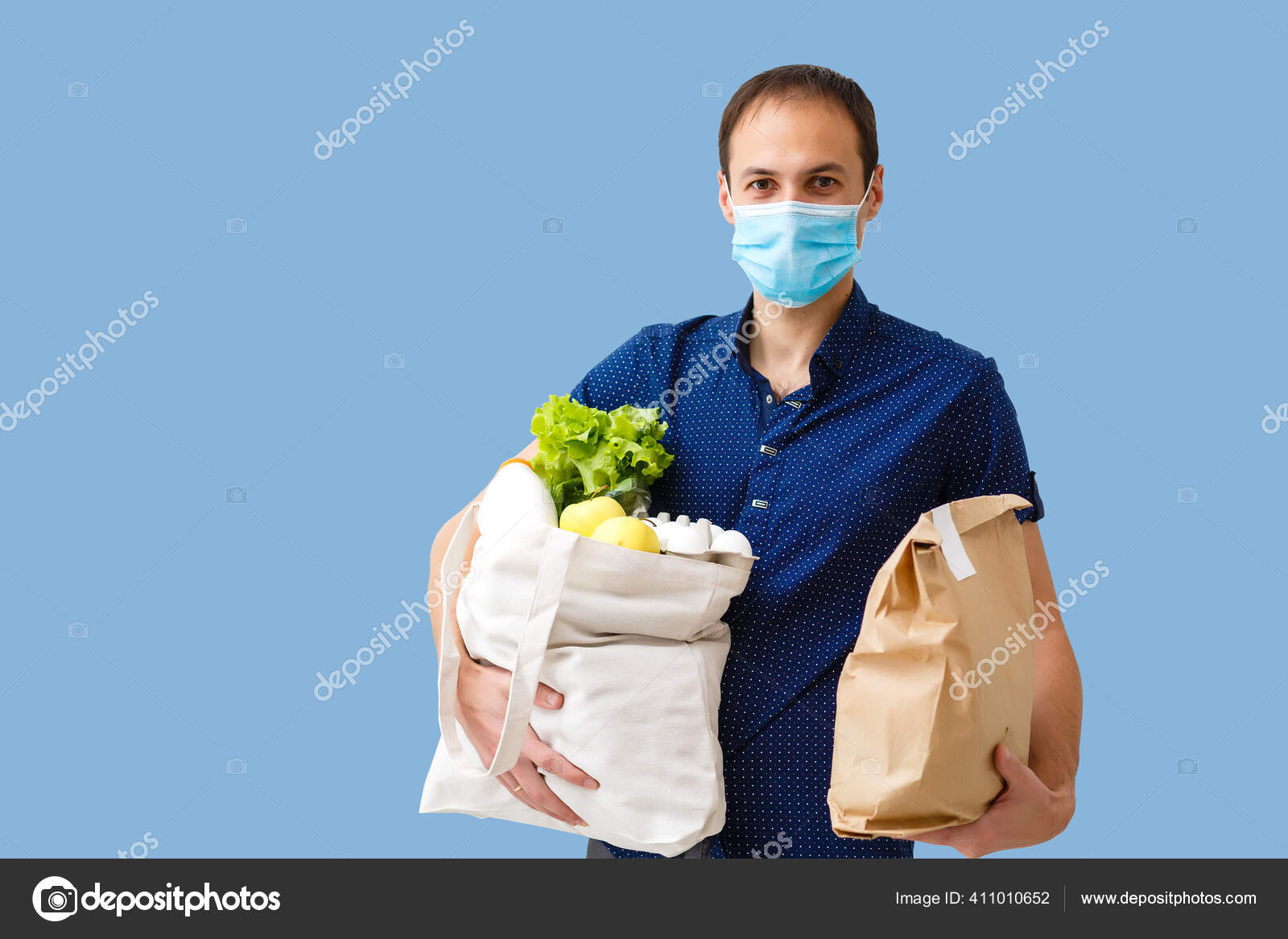 Delivery Man Uniform Hold Craft Paper Packet Food Isolated Blue Stock ...