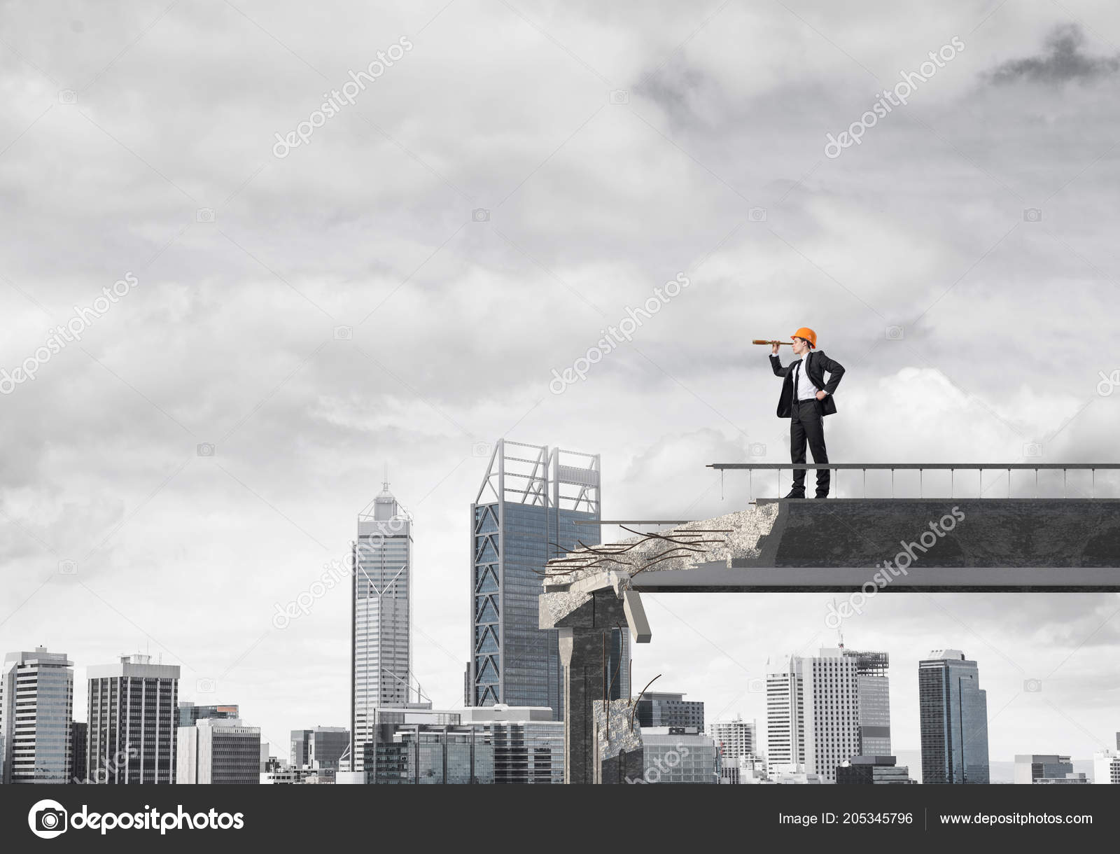 Young Engineer Suit Helmet Looking Spyglass While Standing Broken ...