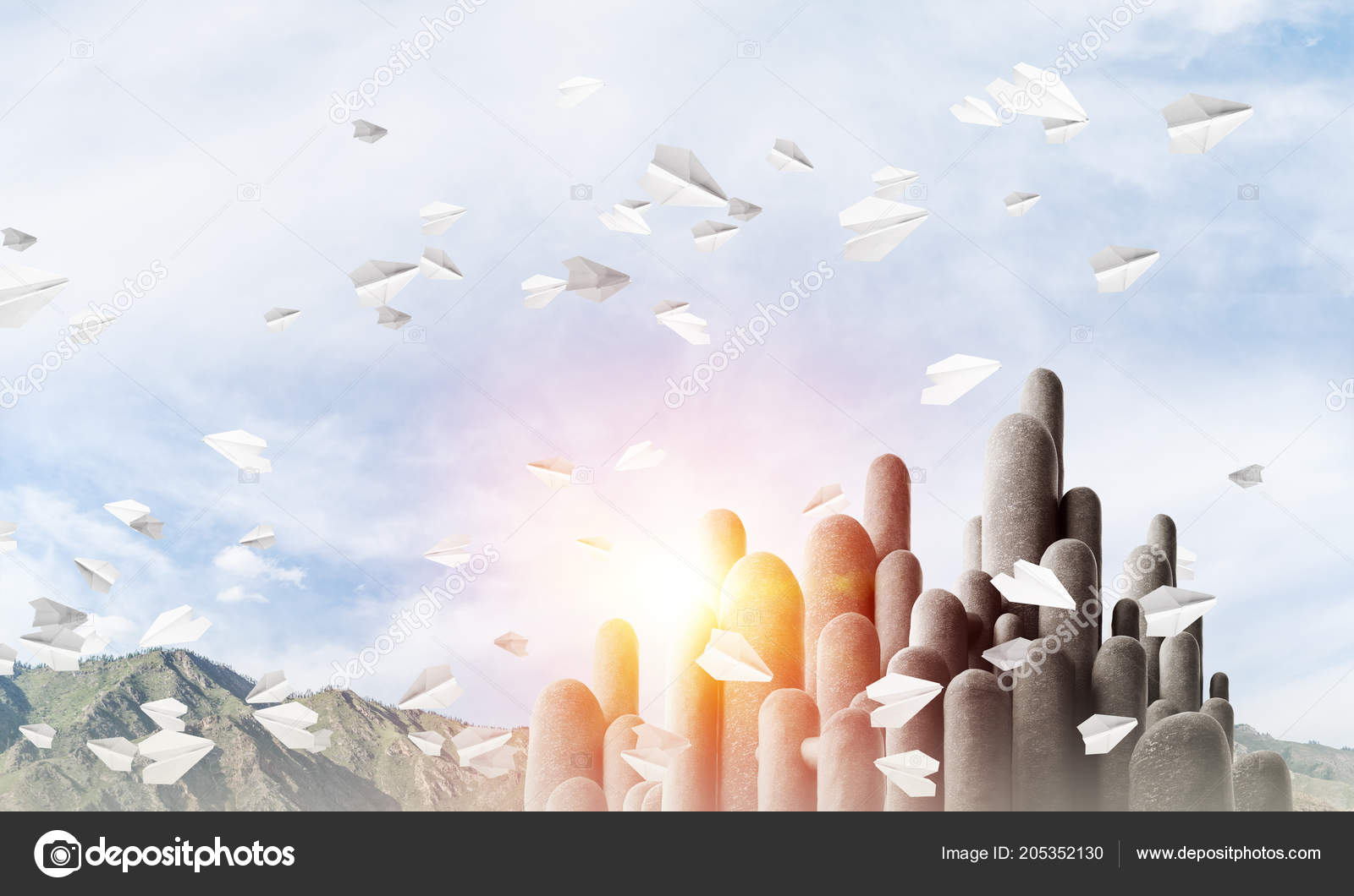 Image High Huge Stone Columns Located Outdoors Flying Paper Planes ...