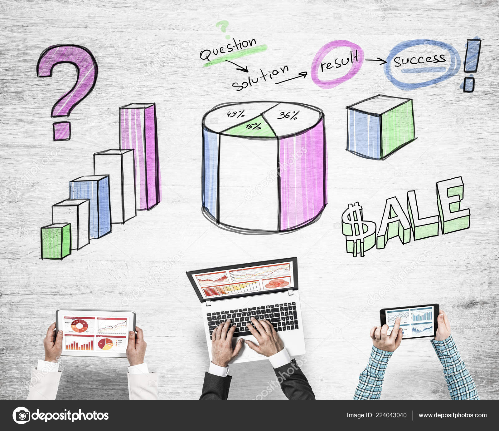 Group Three People Devices Hands Working Together Symbol Networking ...