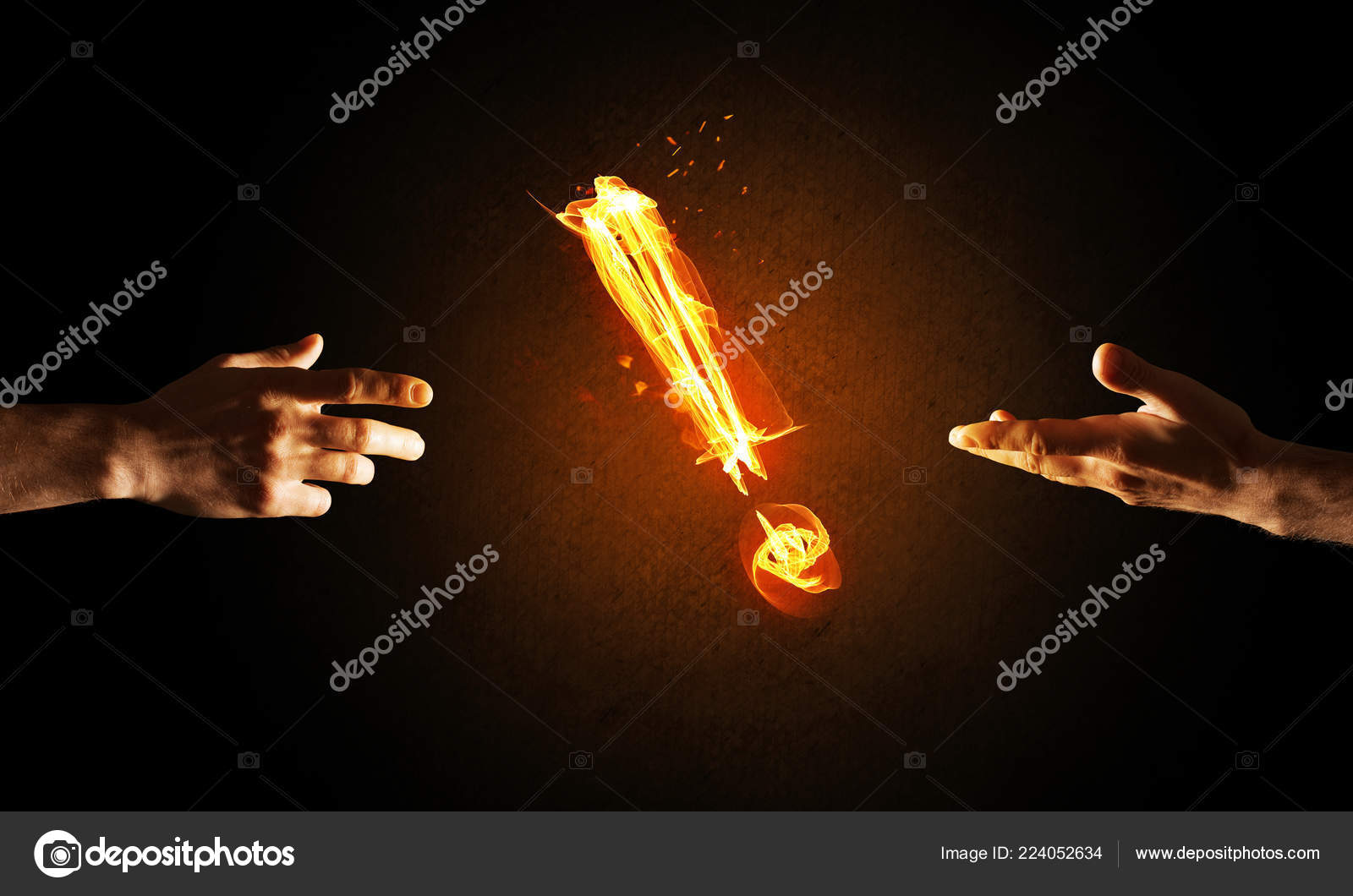 Hands Reaching Each Other Fire Glowing Exclamation Mark — Stock Photo ...