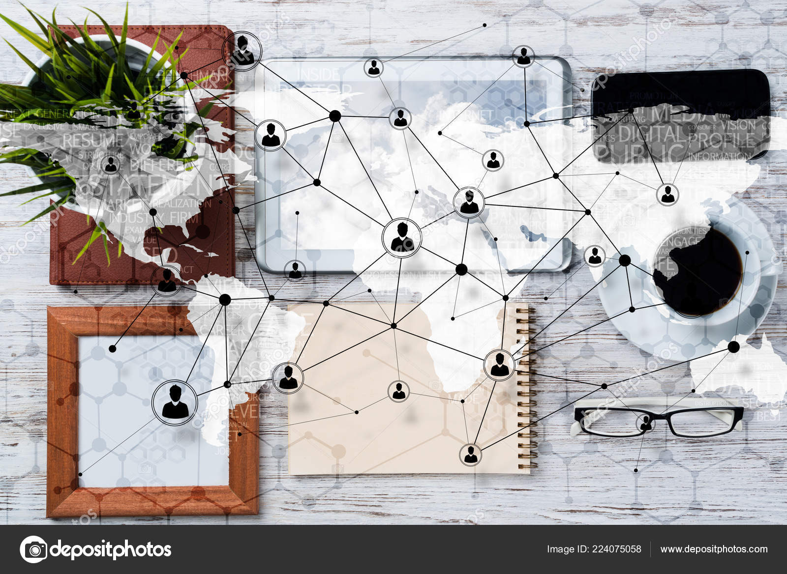 Top View Modern Workplace Office Stuff Global Map Social Connections ...