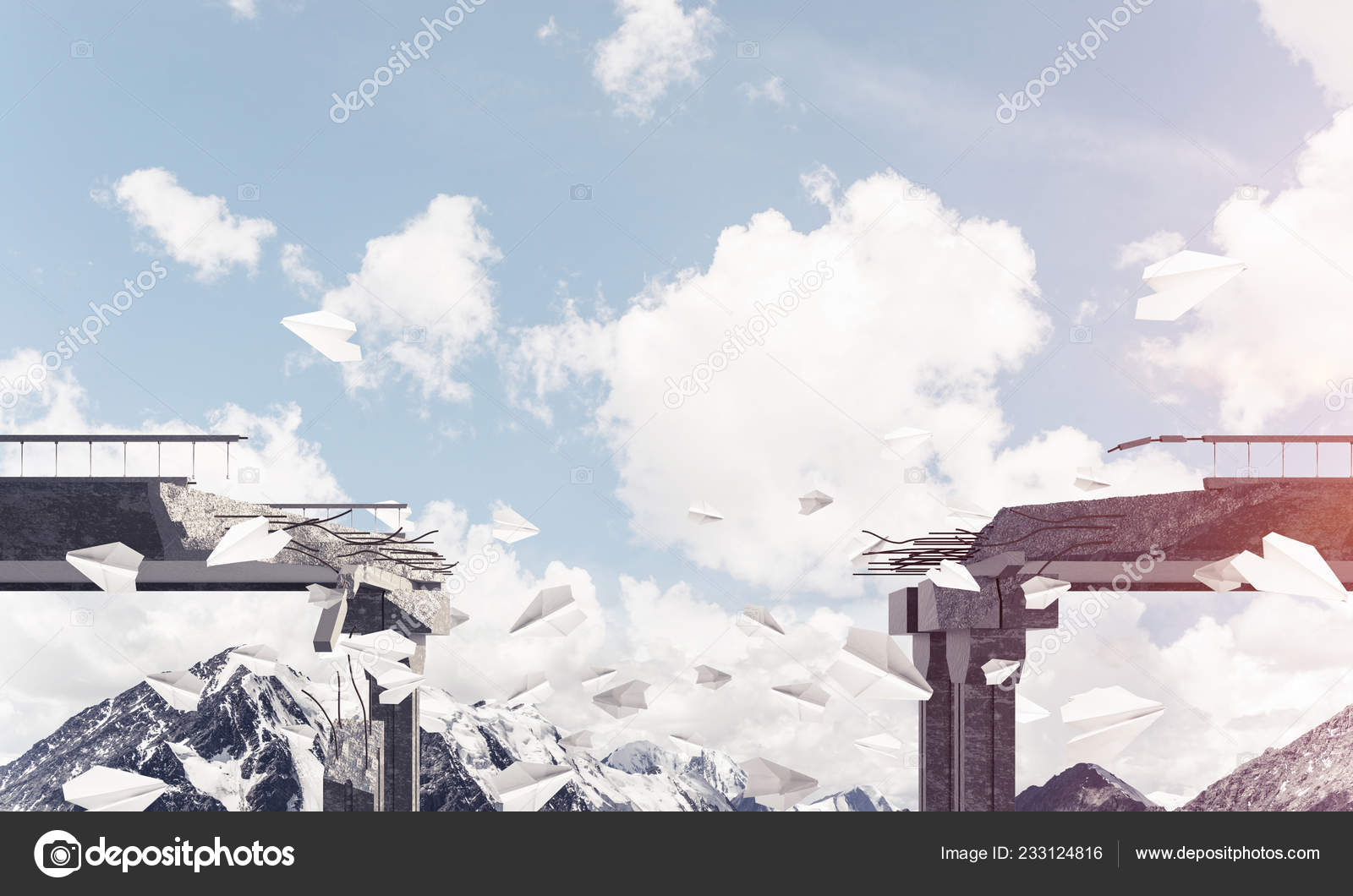 Broken Concrete Bridge Flying Paper Planes High Mountains Cloudly ...