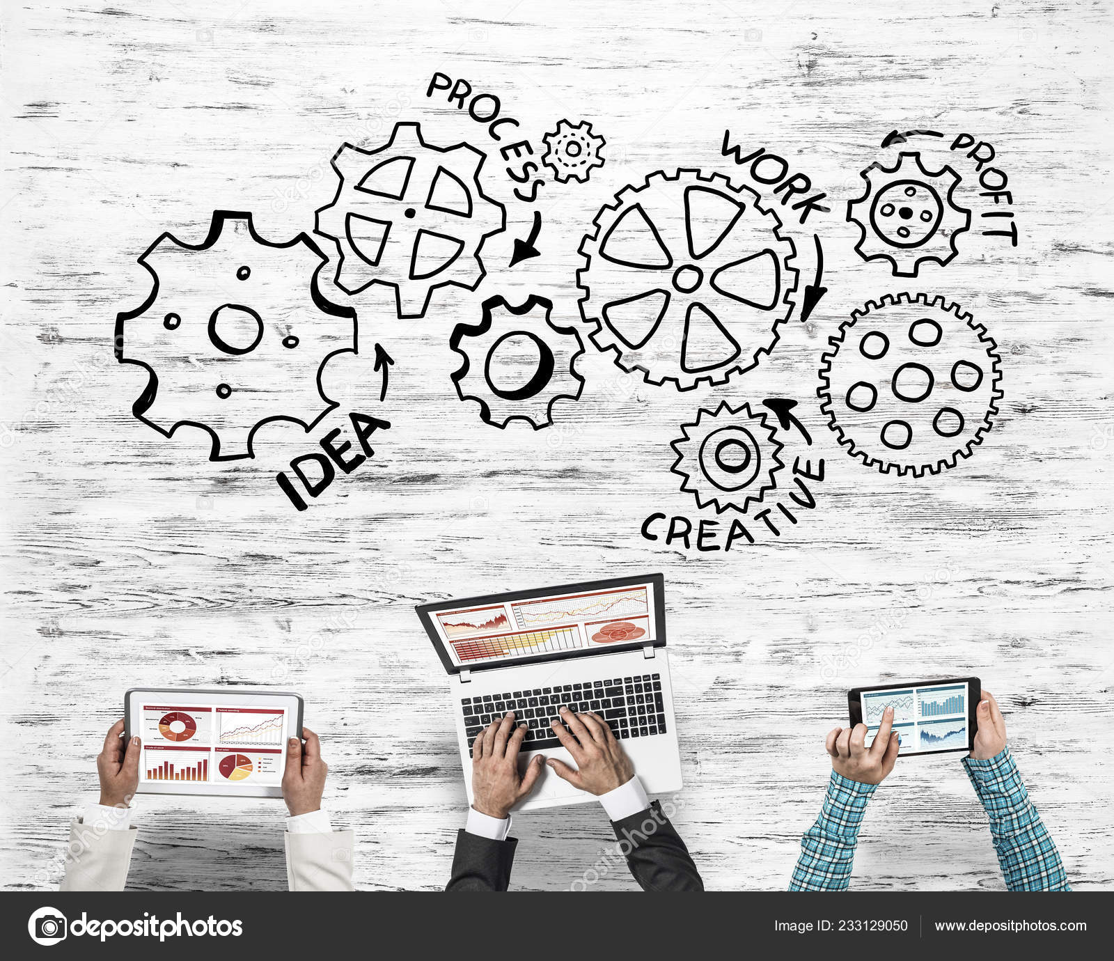 Group Three People Devices Hands Working Together Symbol Networking ...