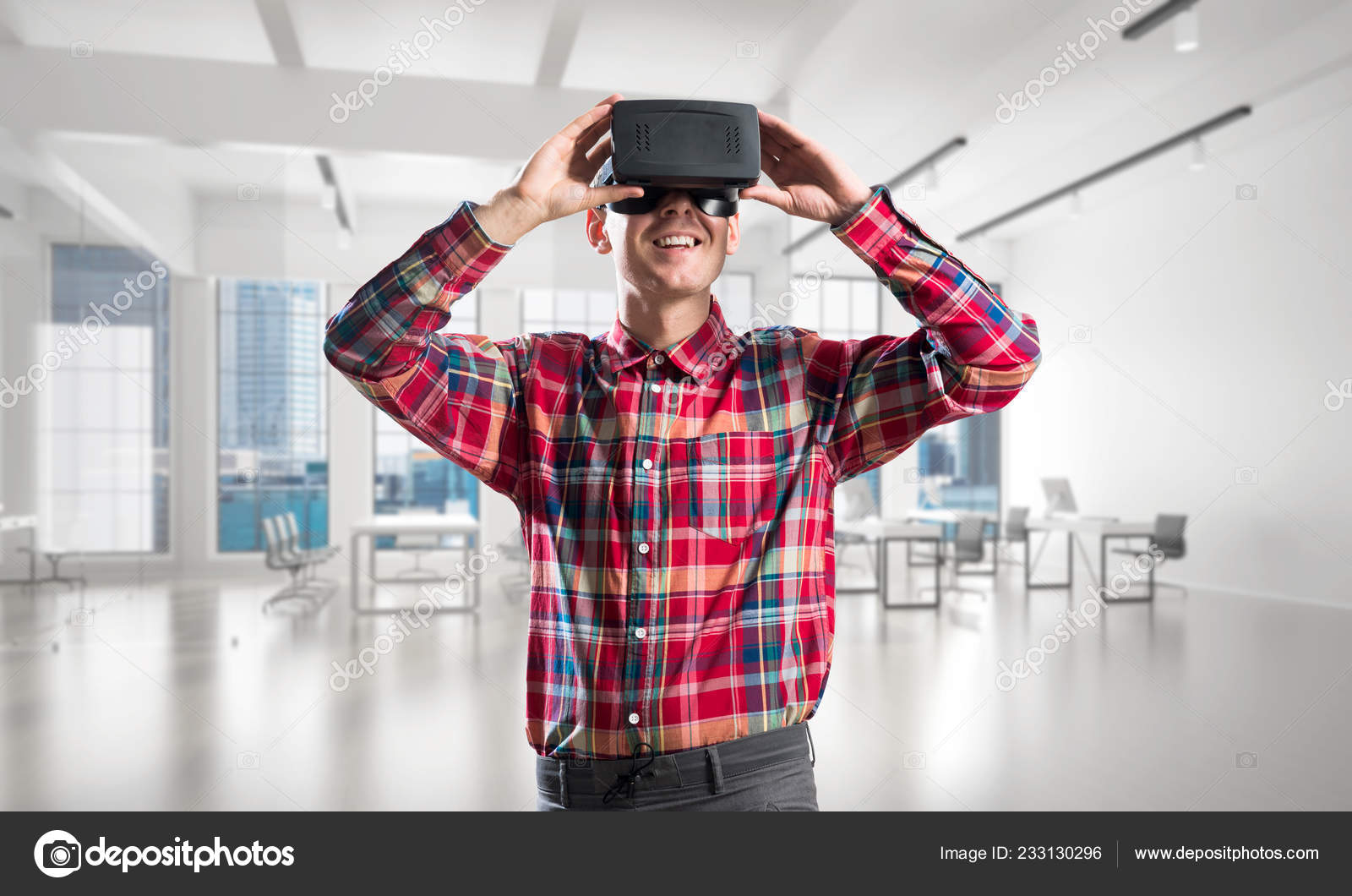 Young Man Virtual Reality Headset Glasses Playing Game Room — Stock ...