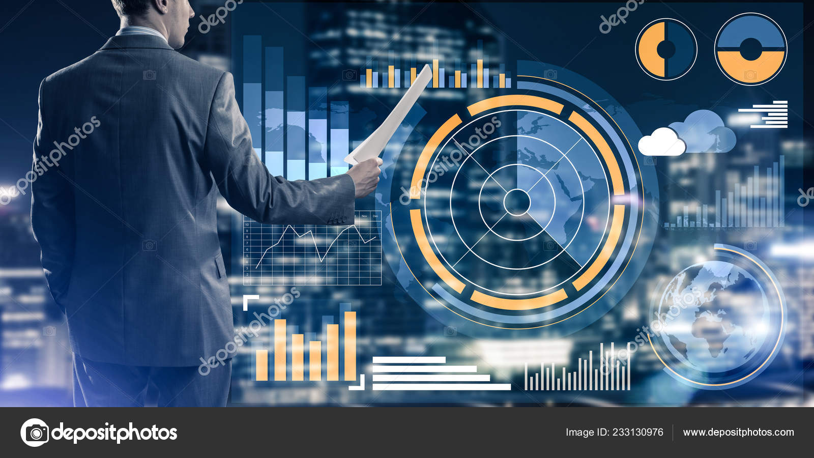 Rear View Businessman Virtual Panel Interface Holding Papers Hand Stock ...