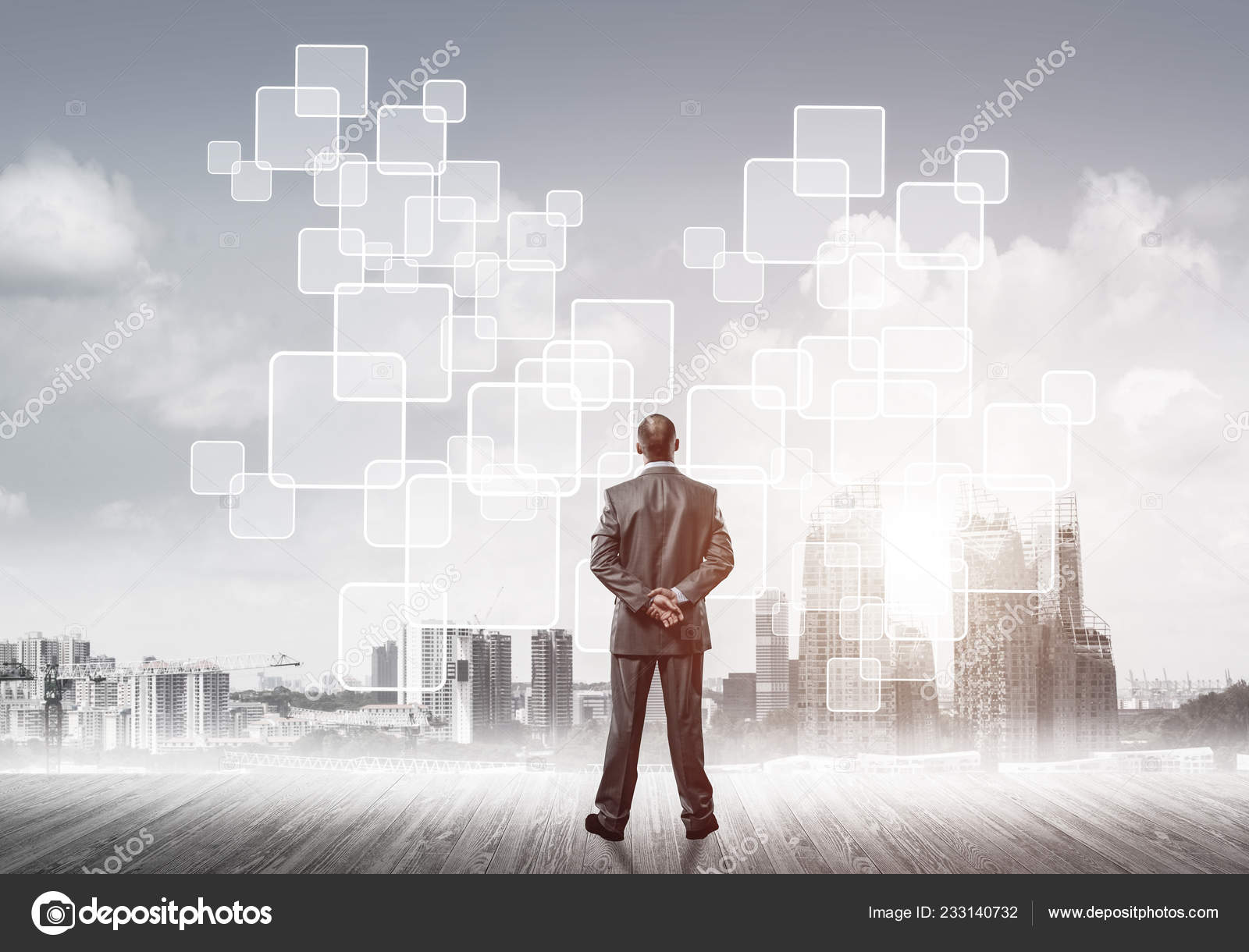 Back View Young Businessman City Background Business Icons Chart Stock ... Back View Young Businessman City Background Business Icons Chart Stock ...