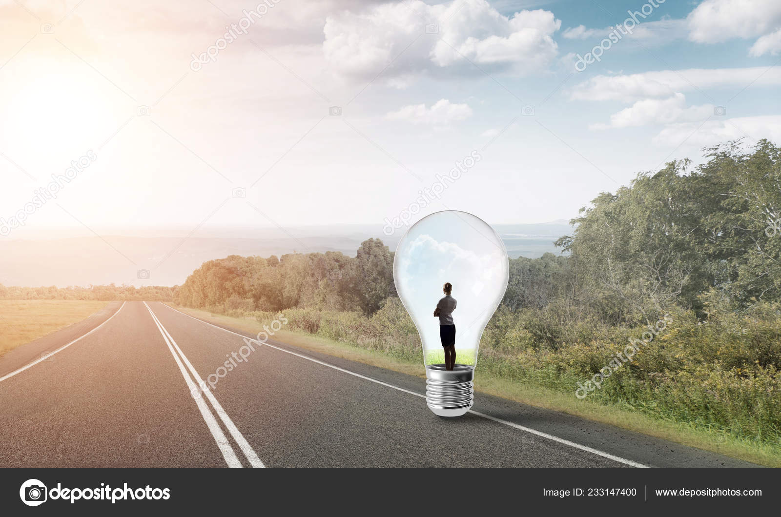 Young Businesswoman Trapped Light Bulb Asphalt Road ⬇ Stock Photo ...