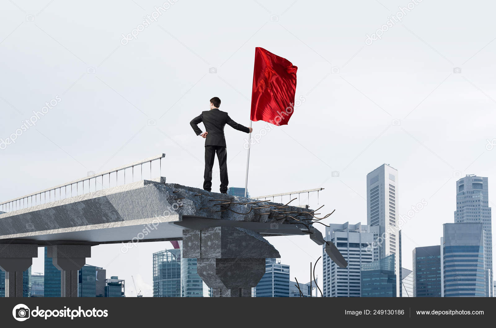 Rear View Confident Businessman Suit Holding Red Flag Hand While ...