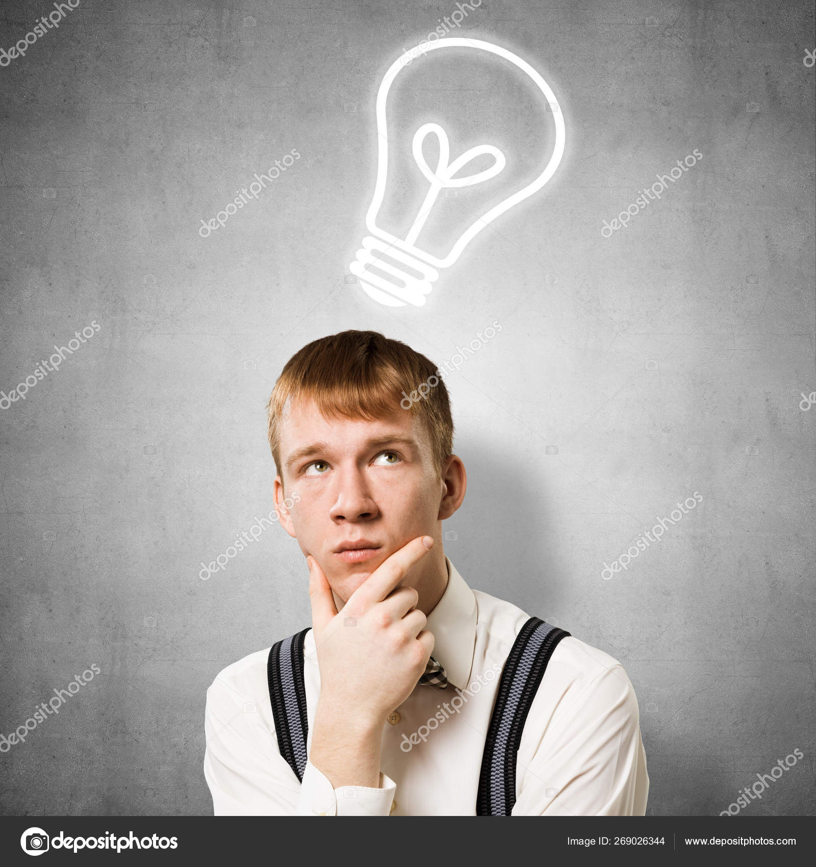 Redhead Student Thinking Some Problem Clever Boy Background Grey Wall ...