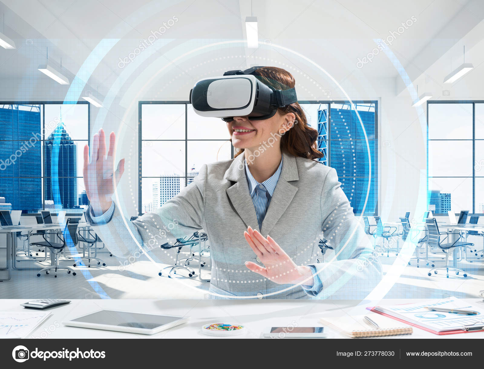 Beautiful Young Business Woman Suit Using Virtual Reality Headset ...