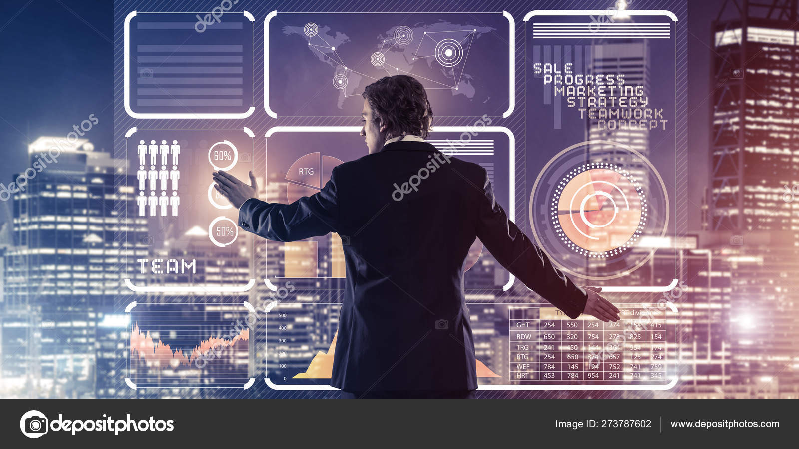 Back View Businessman Working Virtual Panel Night City Background ...