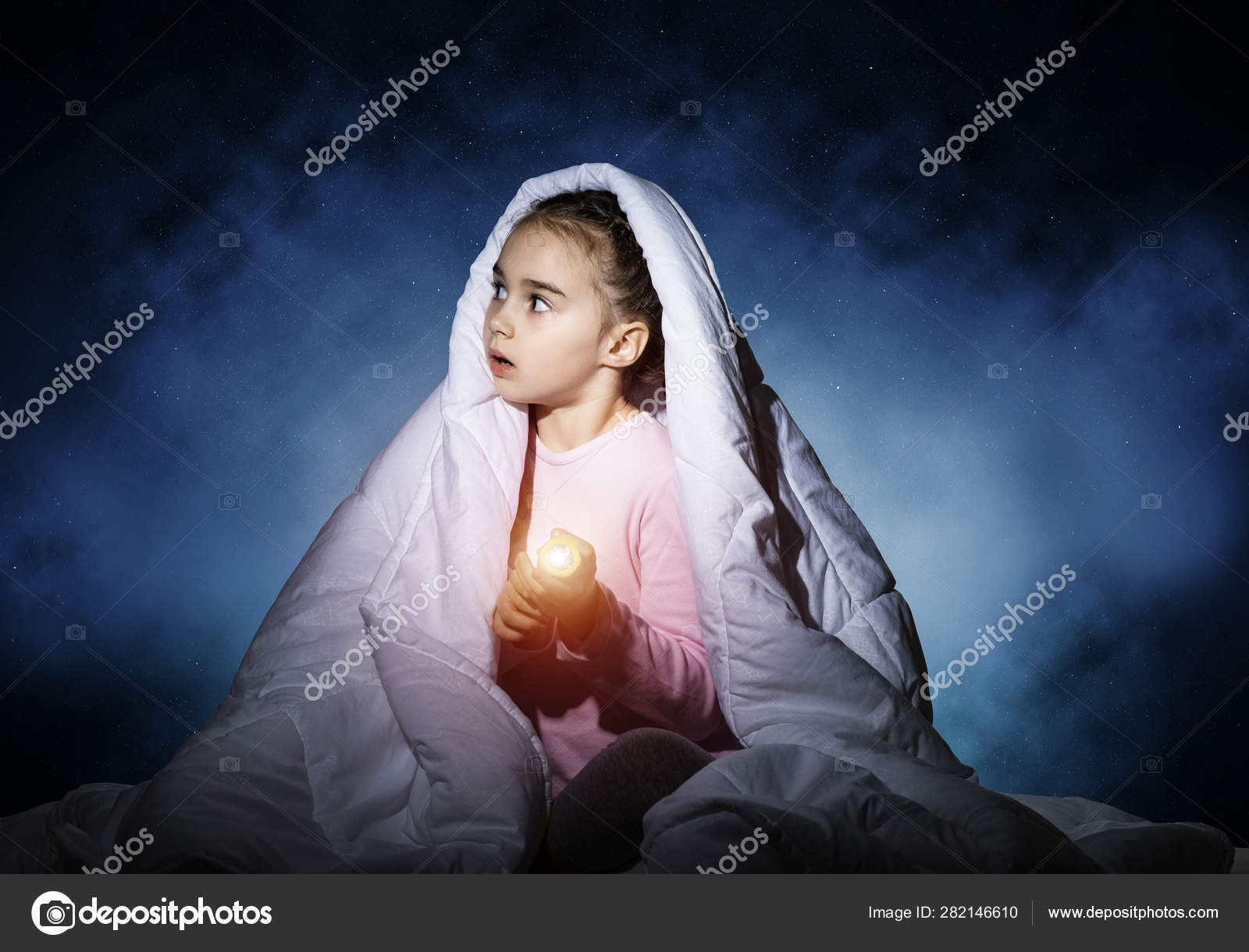 Frightened Girl Flashlight Hiding Blanket Scared Kid Lying His Bed ...