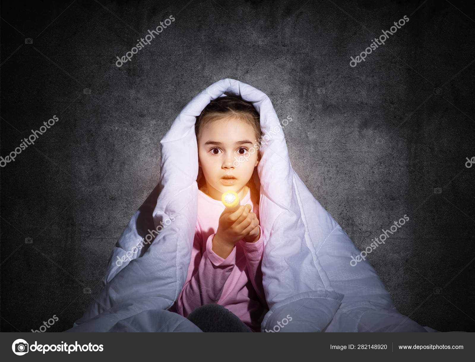 Frightened Girl Flashlight Hiding Blanket Scared Kid Lying His Bed ...
