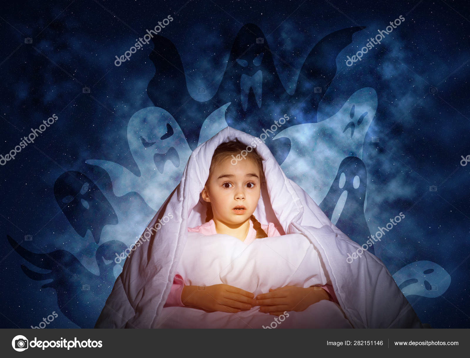 Excited Girl Hiding Blanket Imaginary Ghosts Scared Kid Sitting His ...