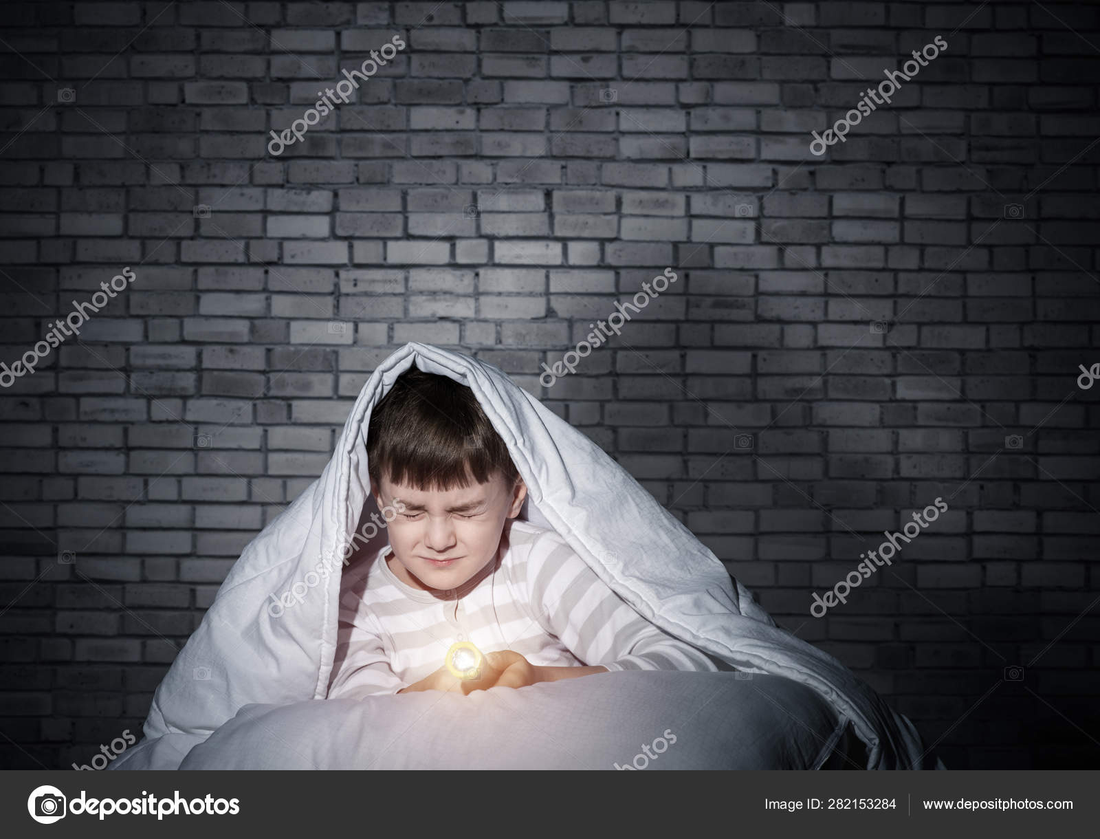 Frightened Child Flashlight Hiding Blanket Scared Kid Closed Eyes Lying ...