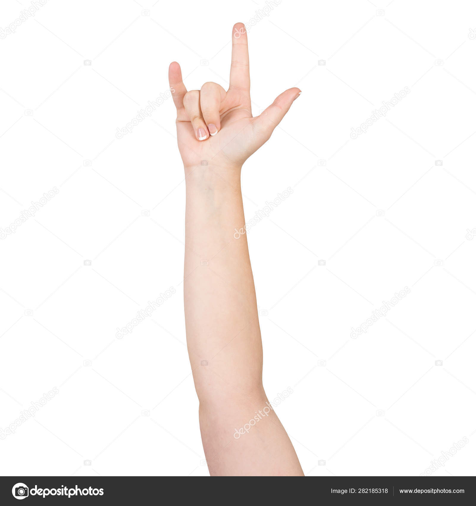 Woman hand showing devil horns gesture — Stock Photo © Khakimullin ...