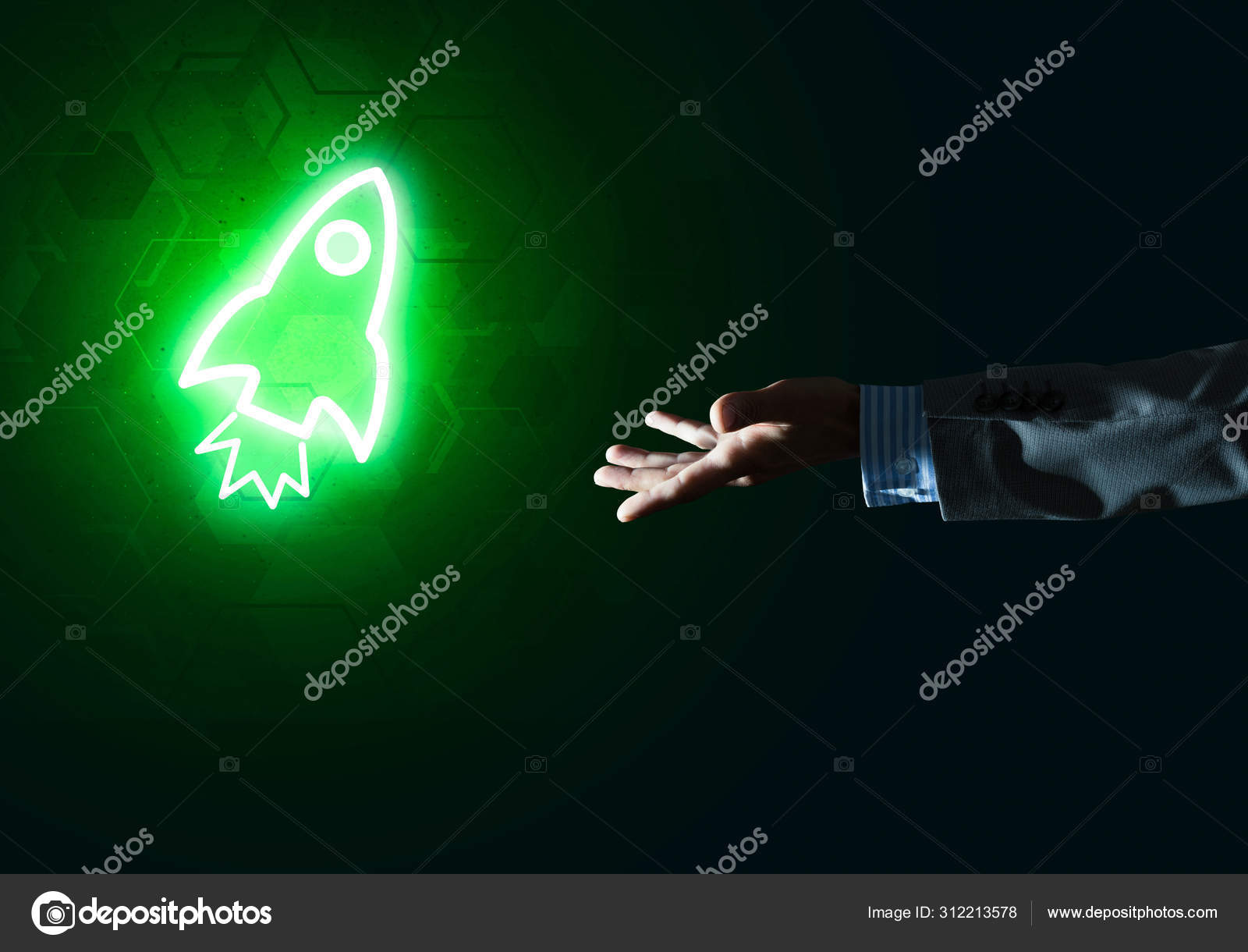 Man palm presenting Rocket web icon as technology concept — Stock Photo ...