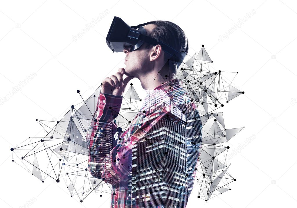 Joven explorando mundo virtual, interactuando con interfaz digital. Un ...