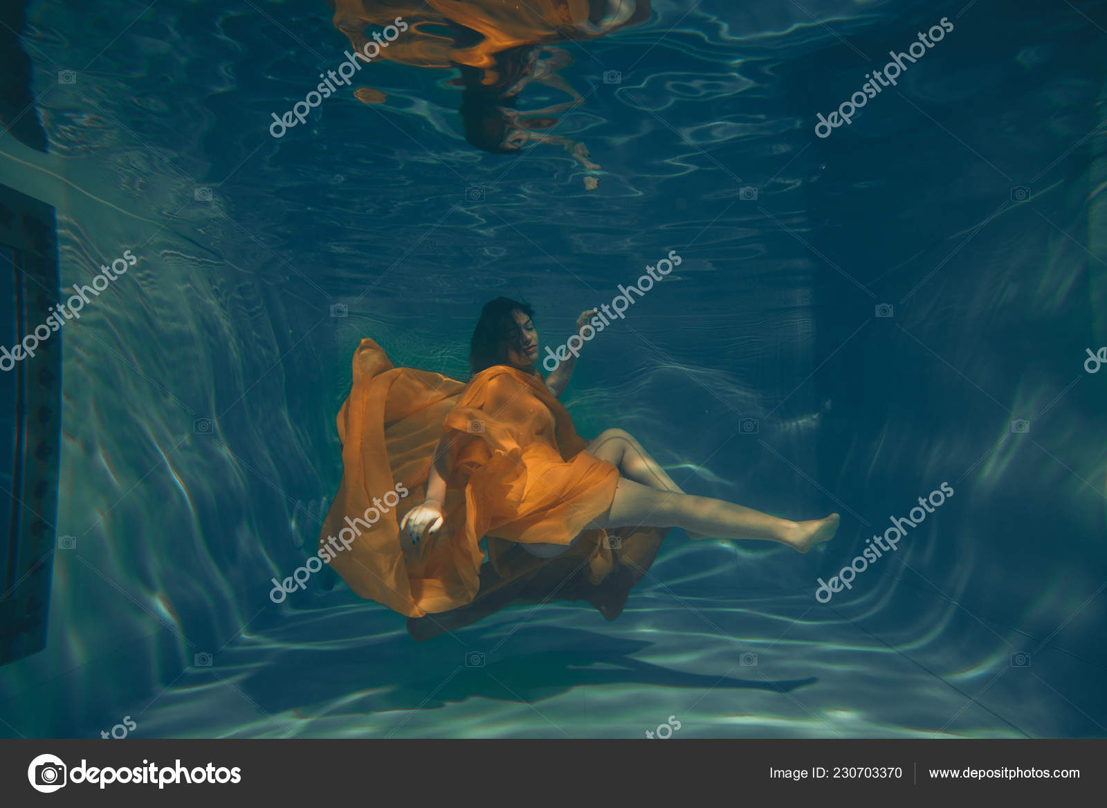 Cute Sporty Girl Swims Underwater Free Diver Sheer Jumpsuit Alone Stock