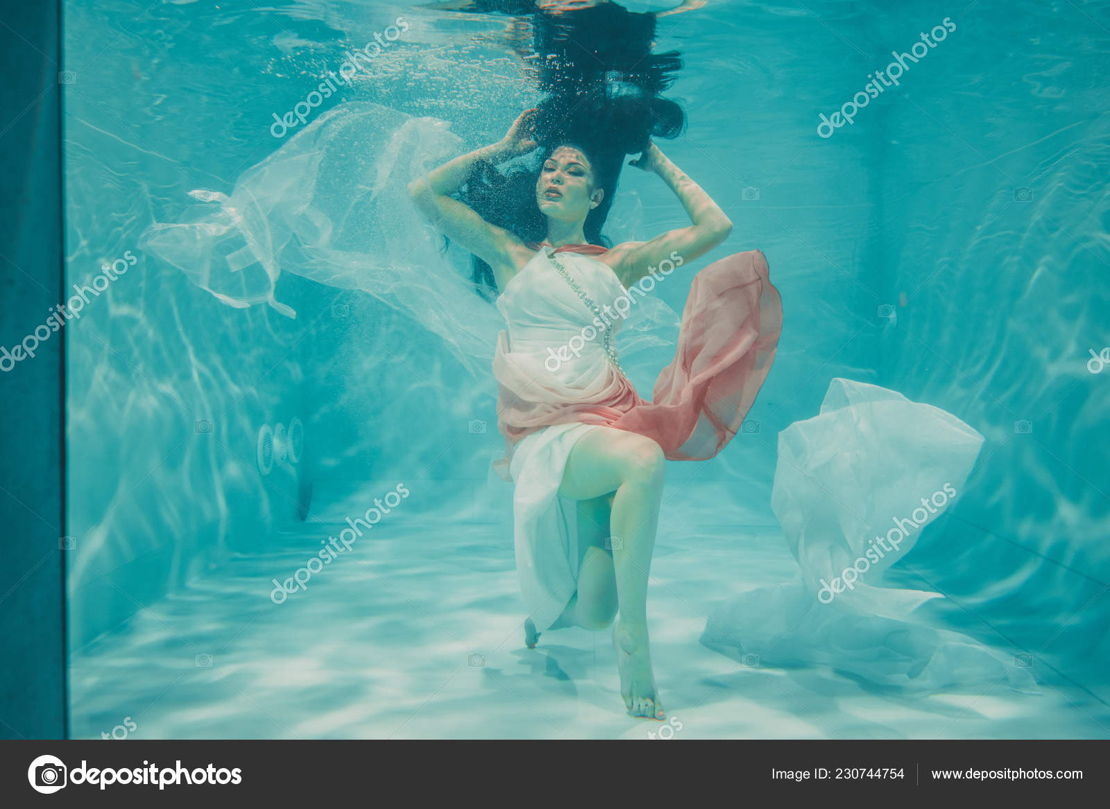 Beautiful Model Girl Swimming Underwater Feminine Long White Pink Dress