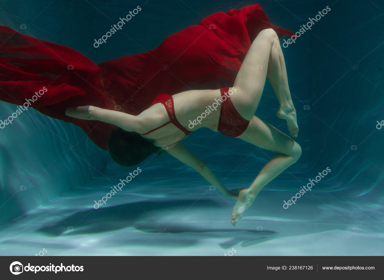 Pretty Caucasian Long Hair Woman Swimming Underwater Red Sexy Lingerie