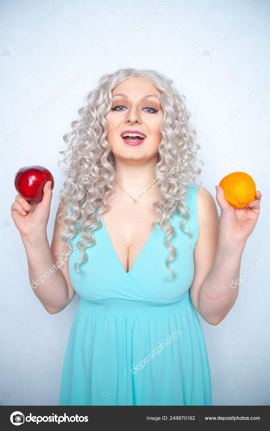 Cute Young Girl Curly White Hair Plump Figure Holding Apple Stock Photo ...