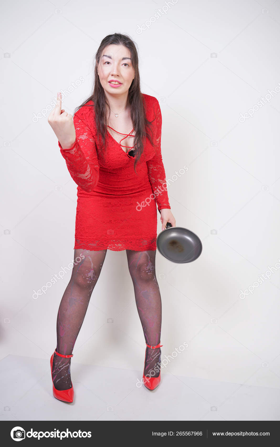 Angry Negative Woman Chubby Body Stands Red Dress Holds Black Stock ...