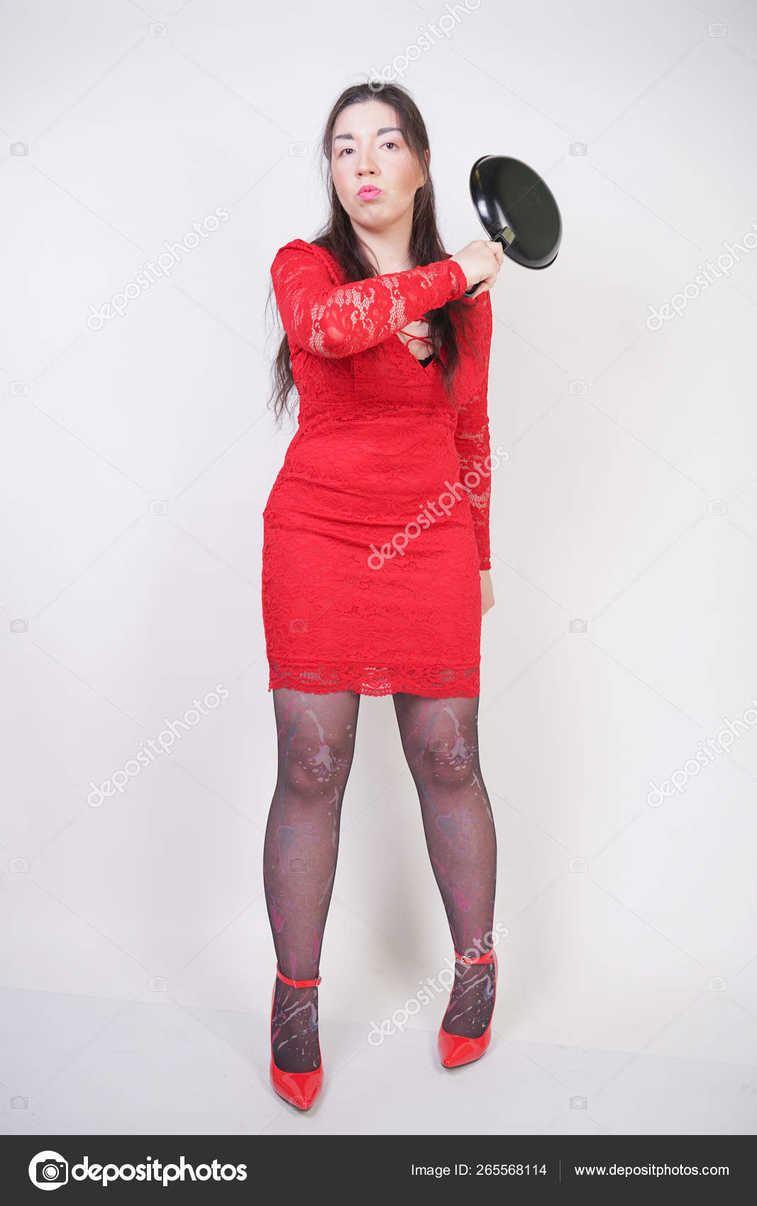Angry Negative Woman Chubby Body Stands Red Dress Holds Black Stock ...