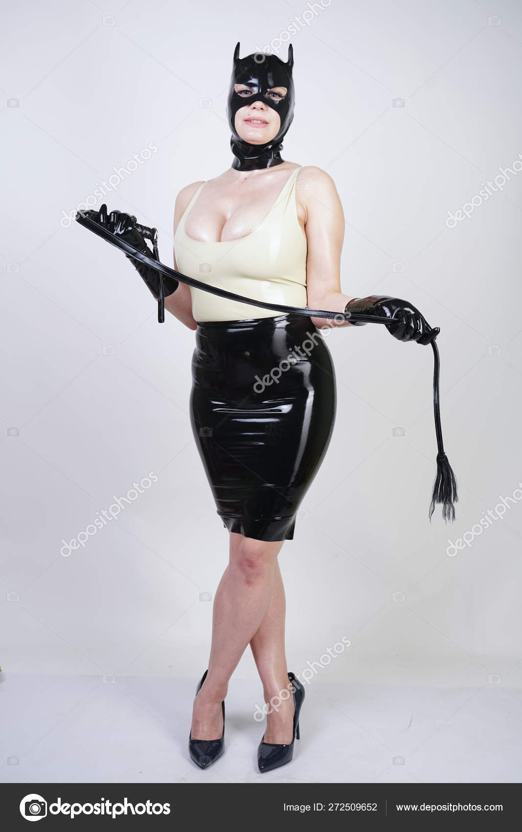 Sexy Hot Latex Mistress Wearing Rubber Cat Mask Tight Black — Stock Photo © agnadevi #272509652