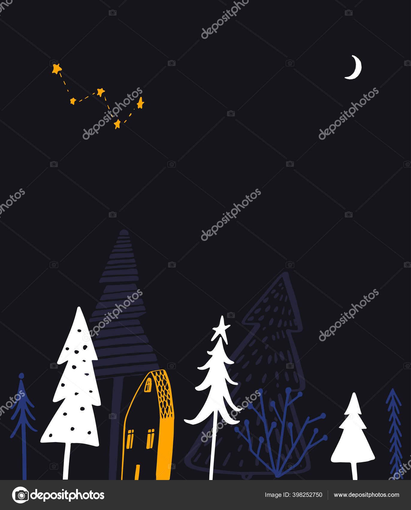 Ilustracja Winter Wonderland Nocny Las Mały Ręcznie Rysowany Dom ...