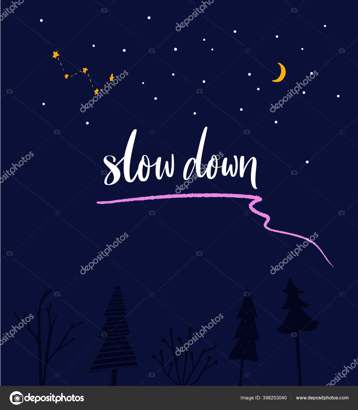 Slow Inspirational Quote Handwritten Calligraphy Night Sky Forest Diary ...