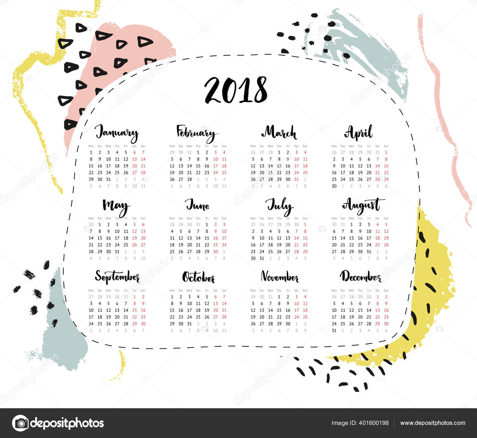 Bir Sayfa 2018 Takvimi Dört Köşe Yazısı Yazılı Isimleri Fırça ©kotokomi ...