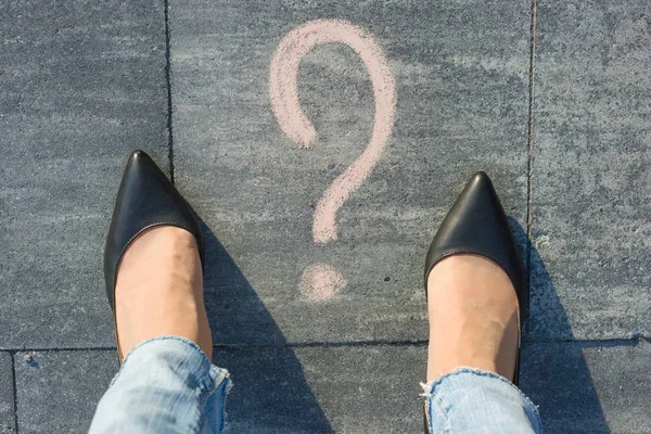 Woman Feet Question Mark Front Her Legs Painted Asphalt — Stock Photo ...