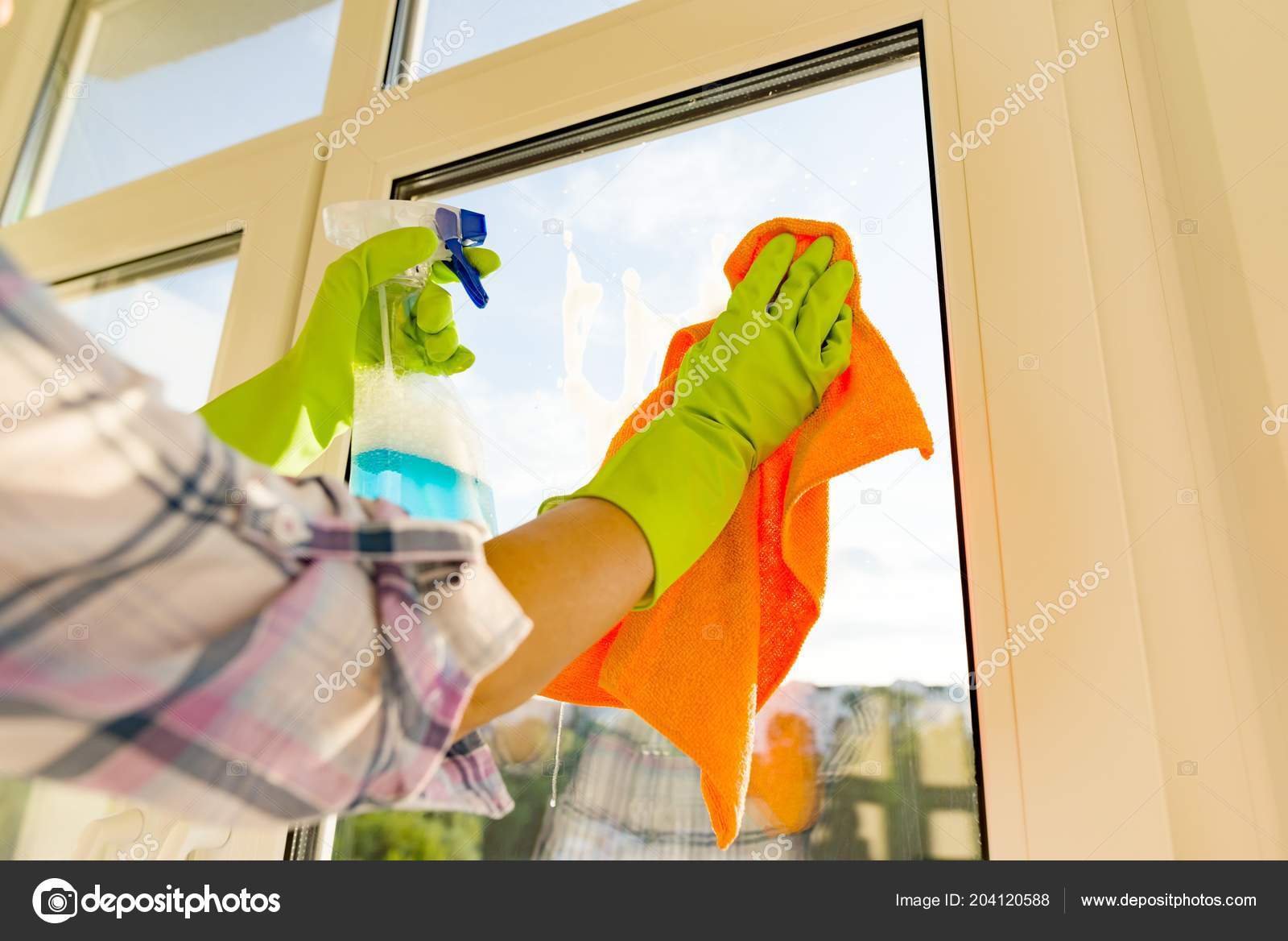 Close Woman Cleaning Windows Hands Rubber Protective Gloves Rag Sprayer ...
