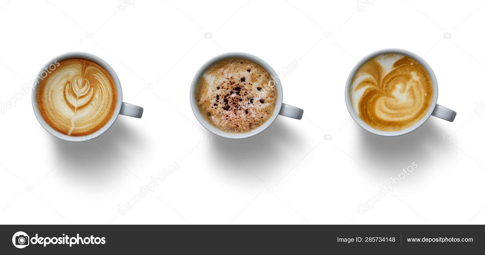 Top view of a mug of latte art coffee isolted on white backgroun ...