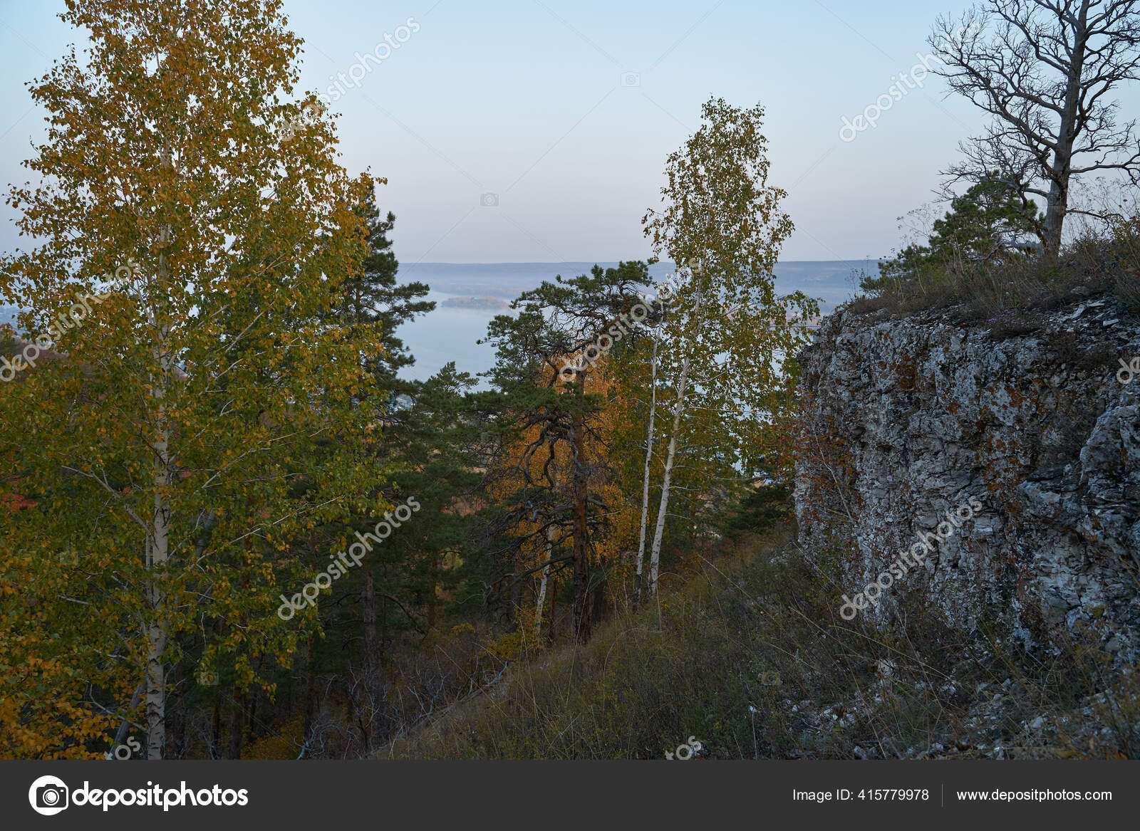 Autumn View Mountain Big River Forest Golden Leaves Green Fir — Stock ...