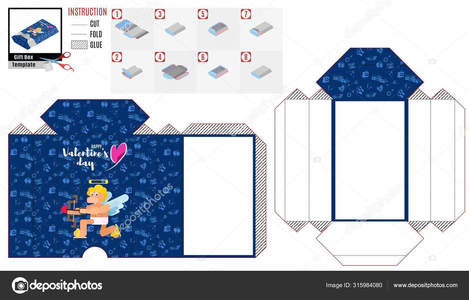 Blue cupid box pattern for gluing together for the holiday of love ...