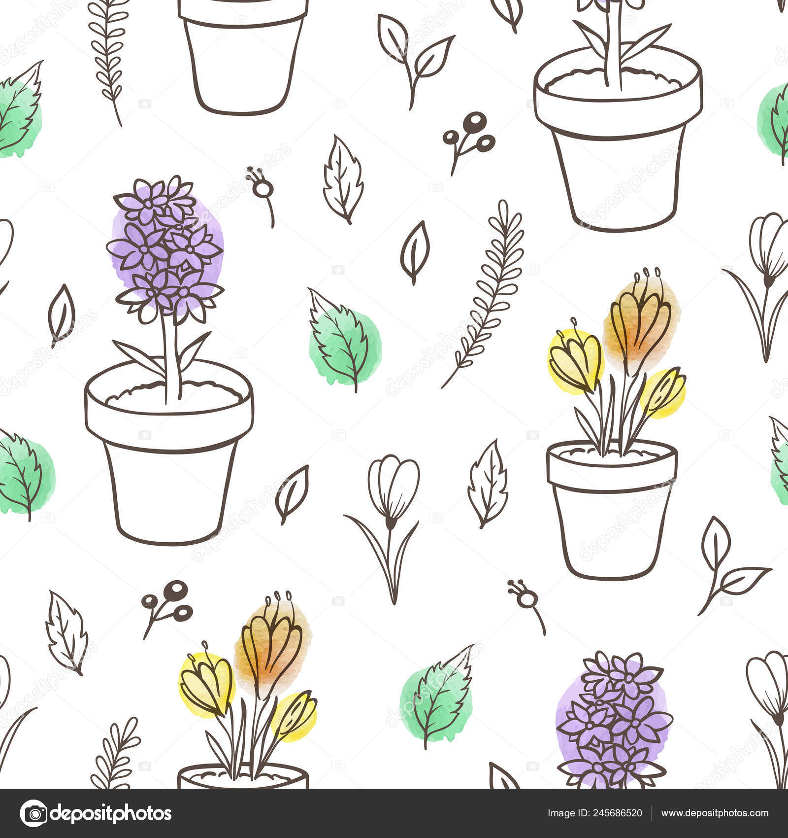 Hand Drawn Doodle Spring Floral Seamless Pattern Leaves Flowers Pots ...