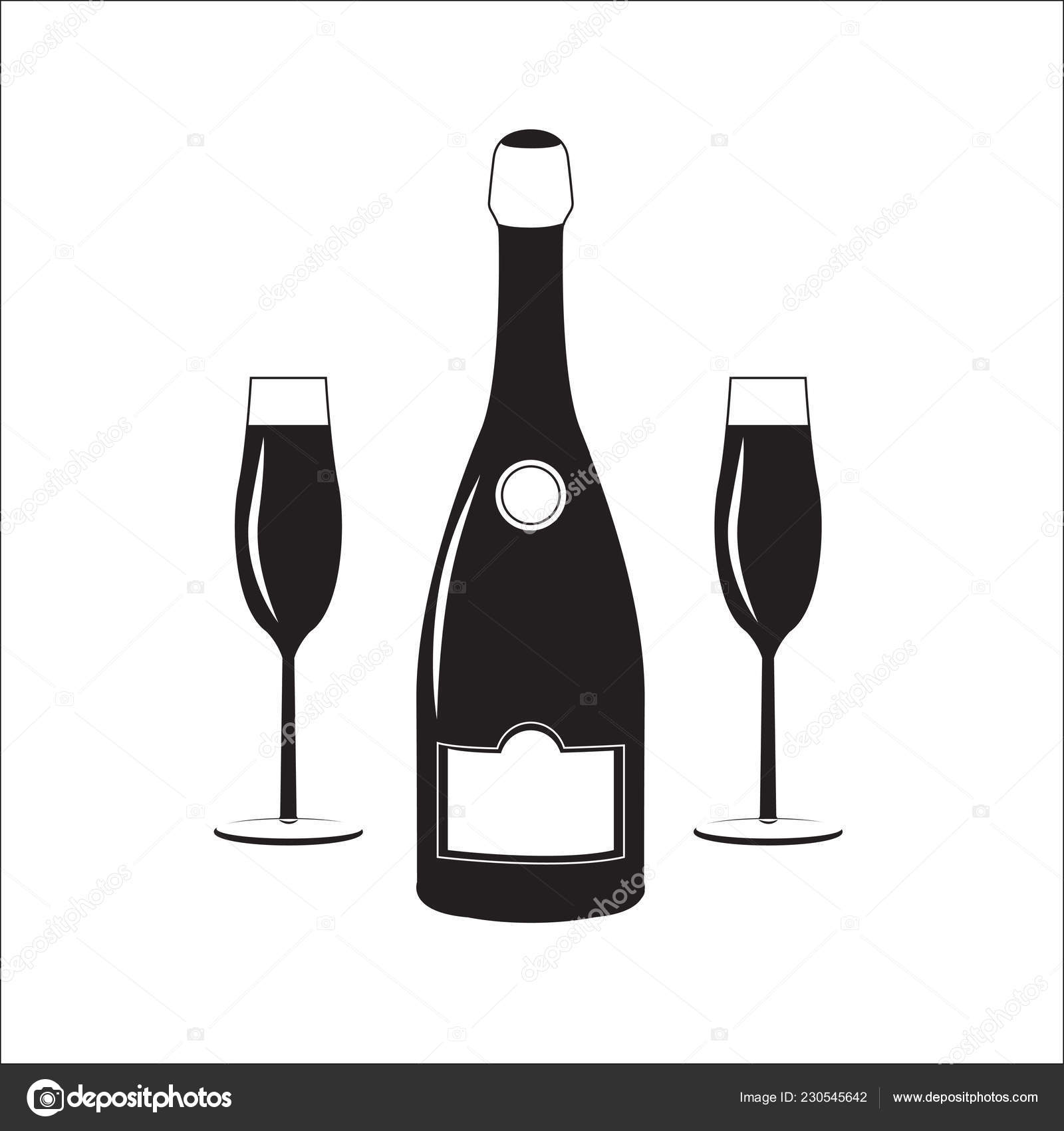 Botella Vino Champán Con Dos Copas Ilustración Lineal Eps Vector de ...