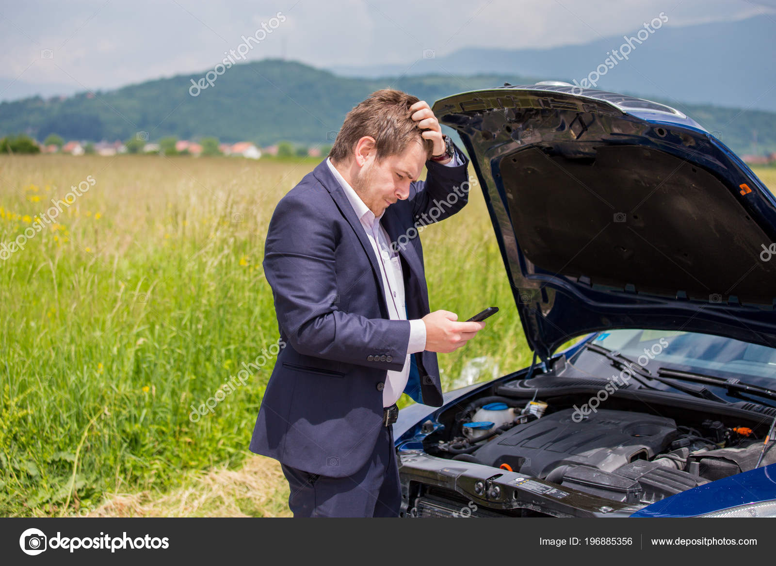Broken Car Road Driver Holding His Head Open Hood Car Stock Photo by ...