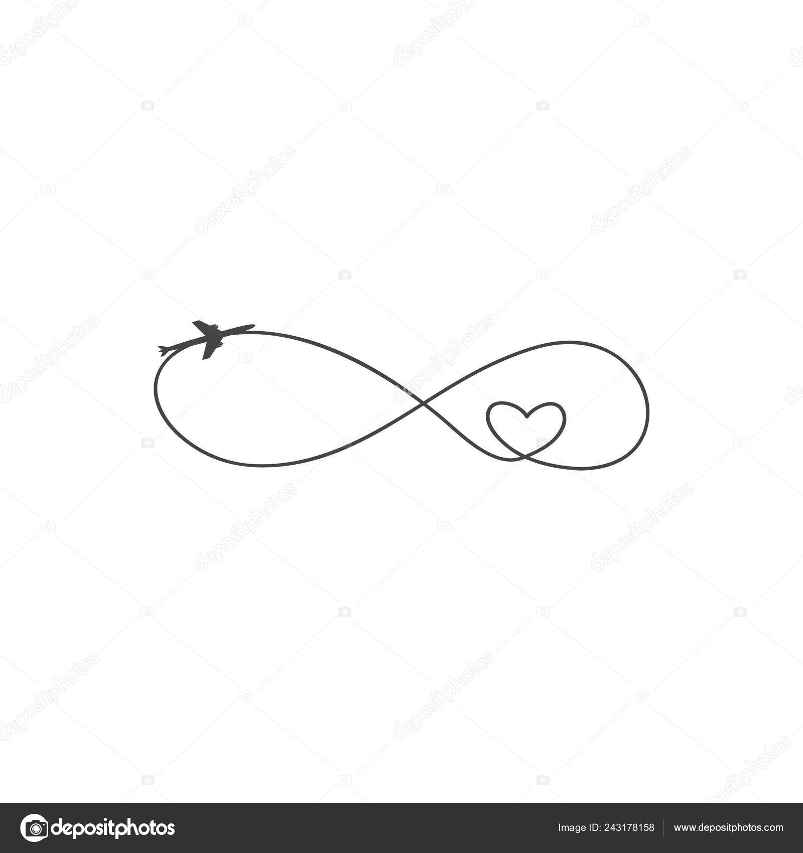 Plane and its track as a sign of infinity and heart on white background ...