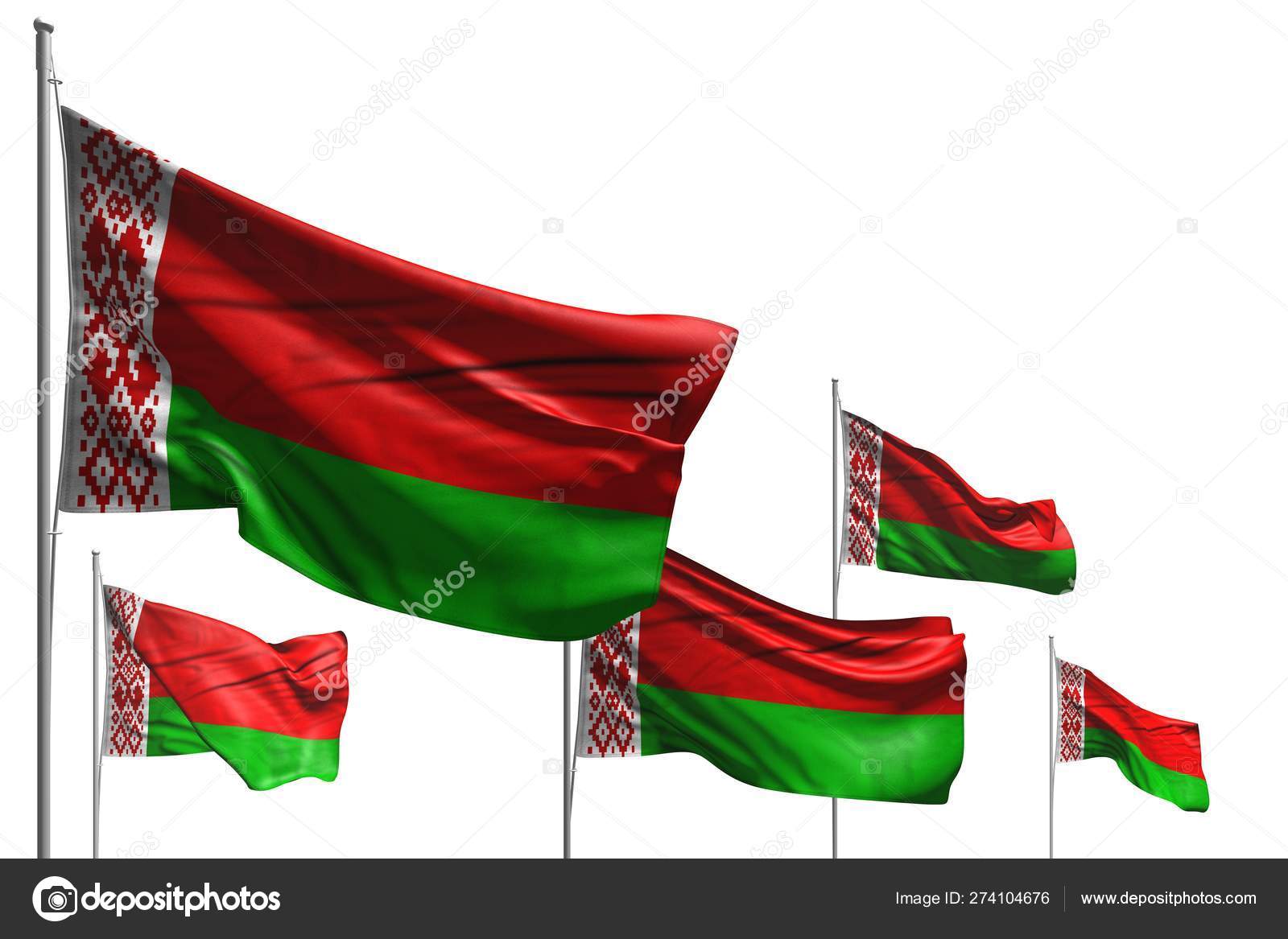 Wonderful five flags of Belarus are waving isolated on white - any celebration flag 3d ...