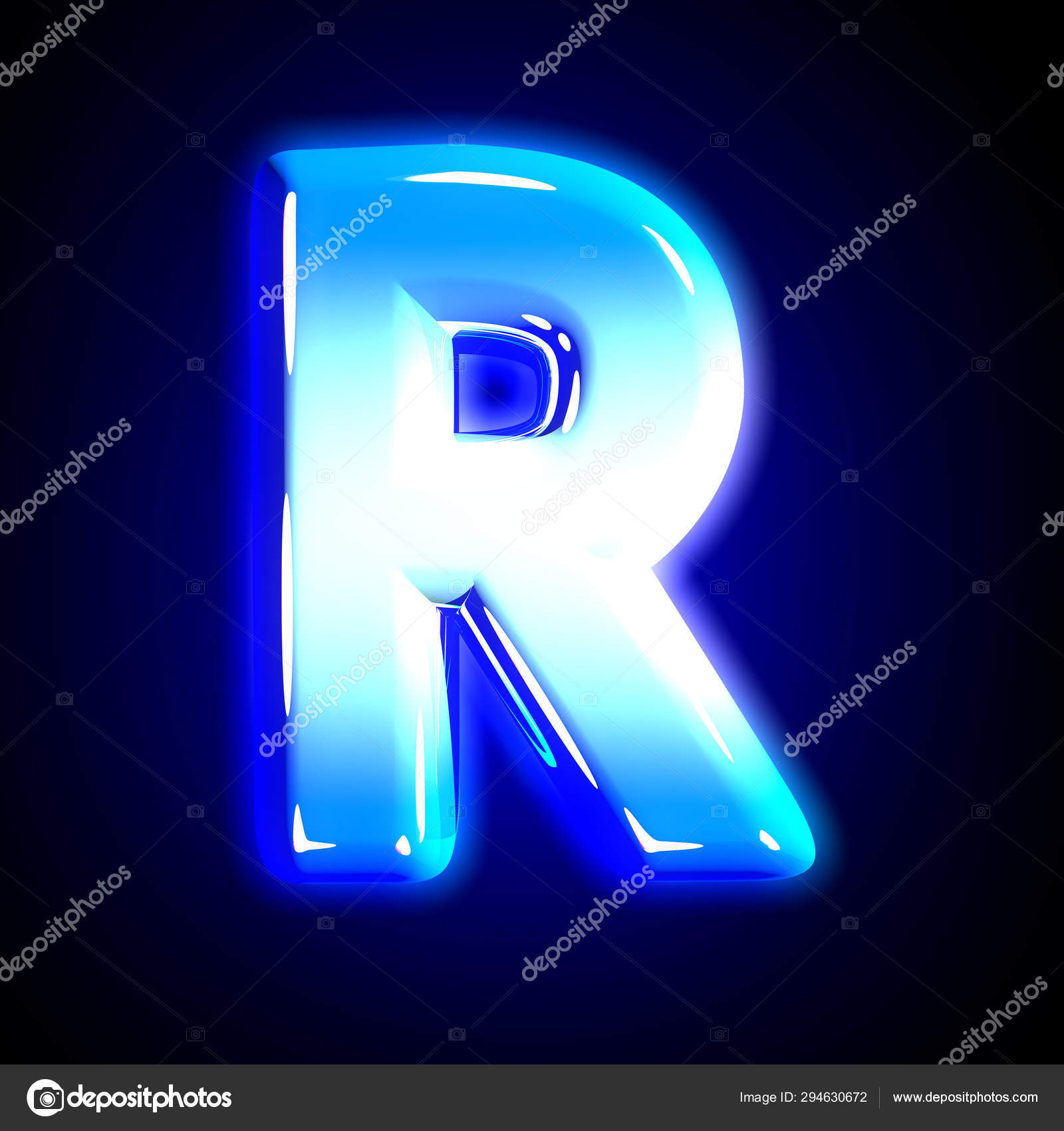 Frozen ice letter R of glow festive blue shine font isolated on black ...