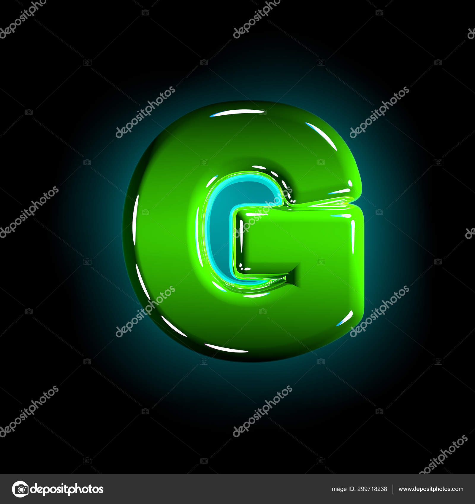 Green letter G of shine plastic alphabet of white and yellow colors isolated on black color - 3D ...