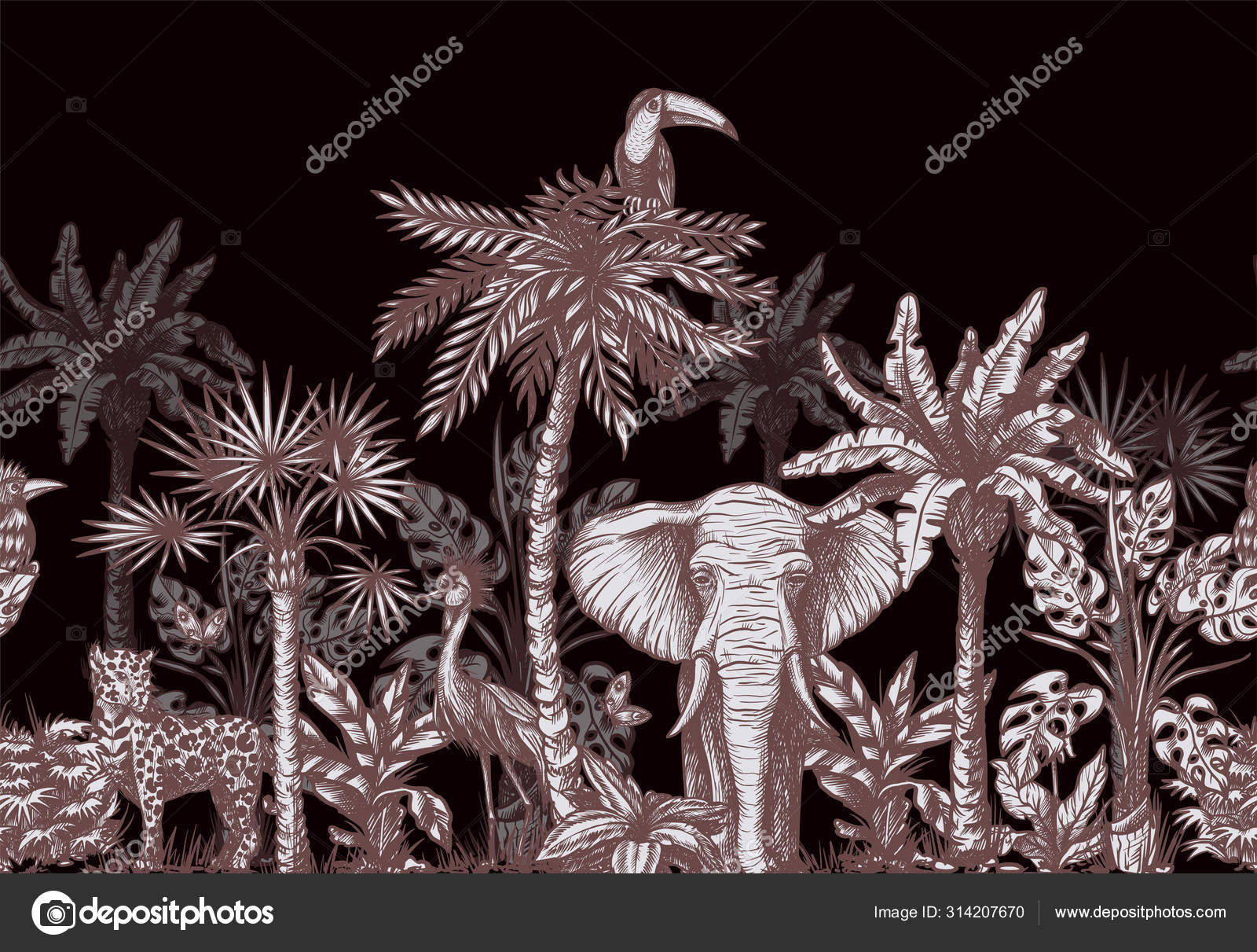 Seamless border with graphical tropical tree such as palm, banana and ... Seamless border with graphical tropical tree such as palm, banana and ...