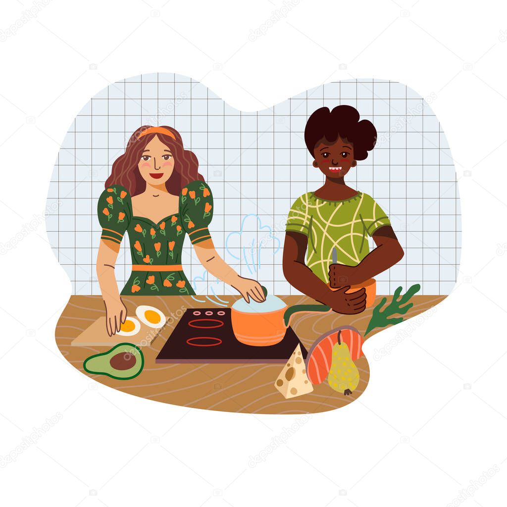 Los jóvenes preparan alimentos en la cocina a partir de productos ...