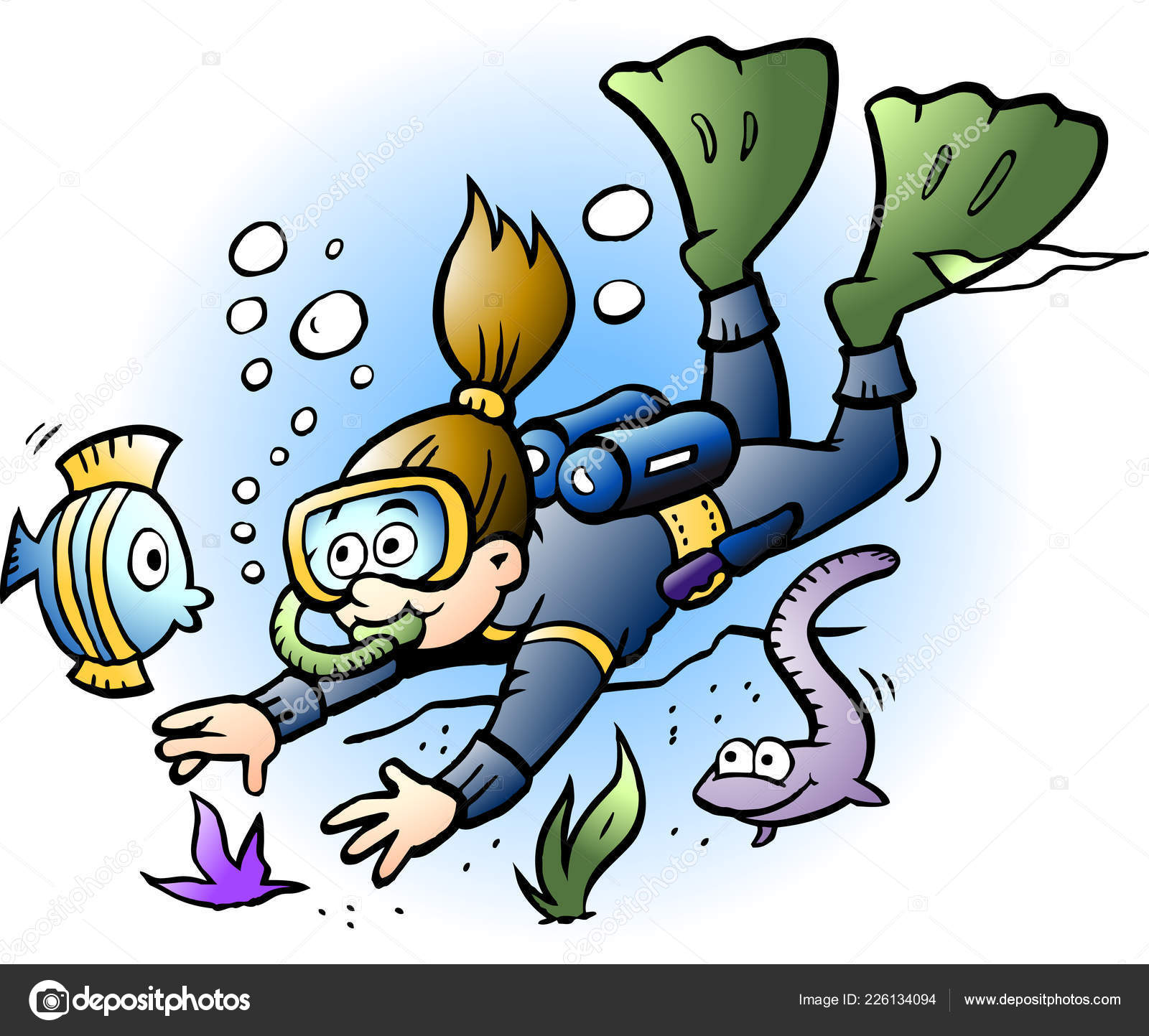Vector Cartoon Illustration Diver Looking Colorful Fish — Stock Vector ...