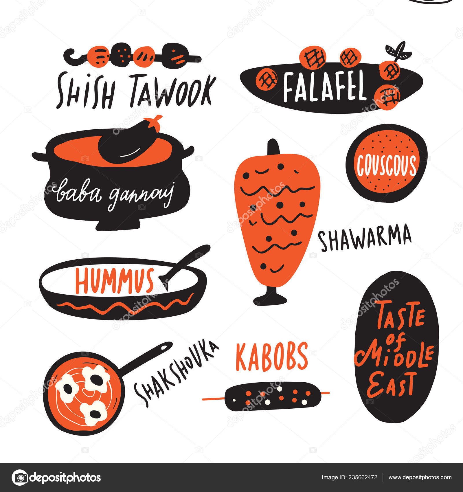 Different traditional middle eastern food. Funny hand drawn ...