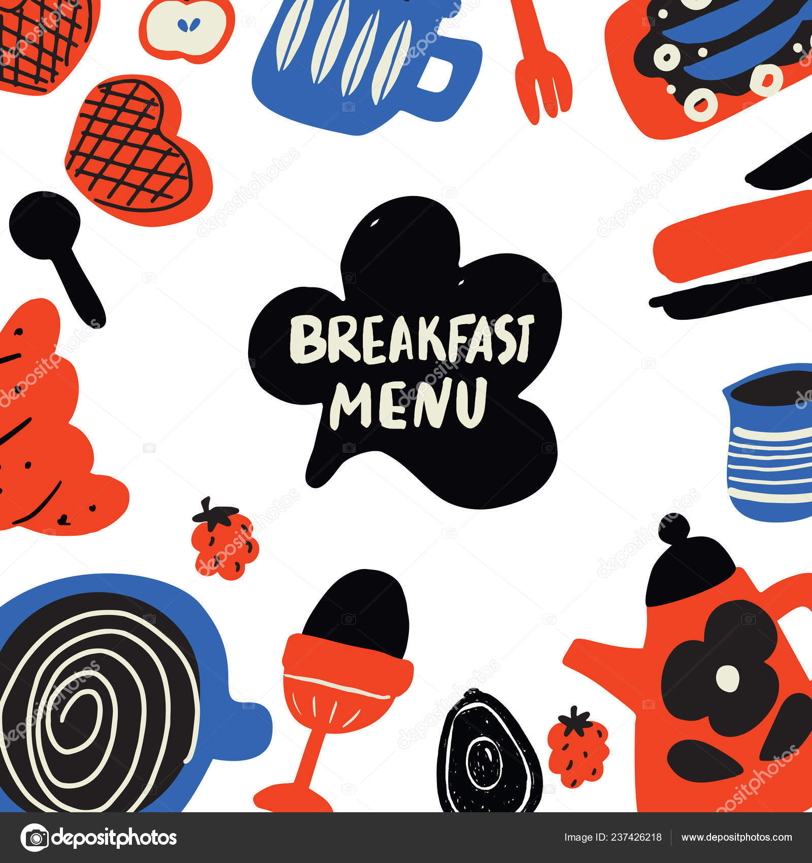 Breakfast Menu Template Funny Hand Drawn Illustration Food Kitchen ...